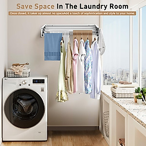 CRJKIJ Wall Mounted Laundry Drying Rack for Clothes - Foldable Conceal Drying Rack，4 Stainless Rods Heaving 48 lb Capacity (White, 23.6")