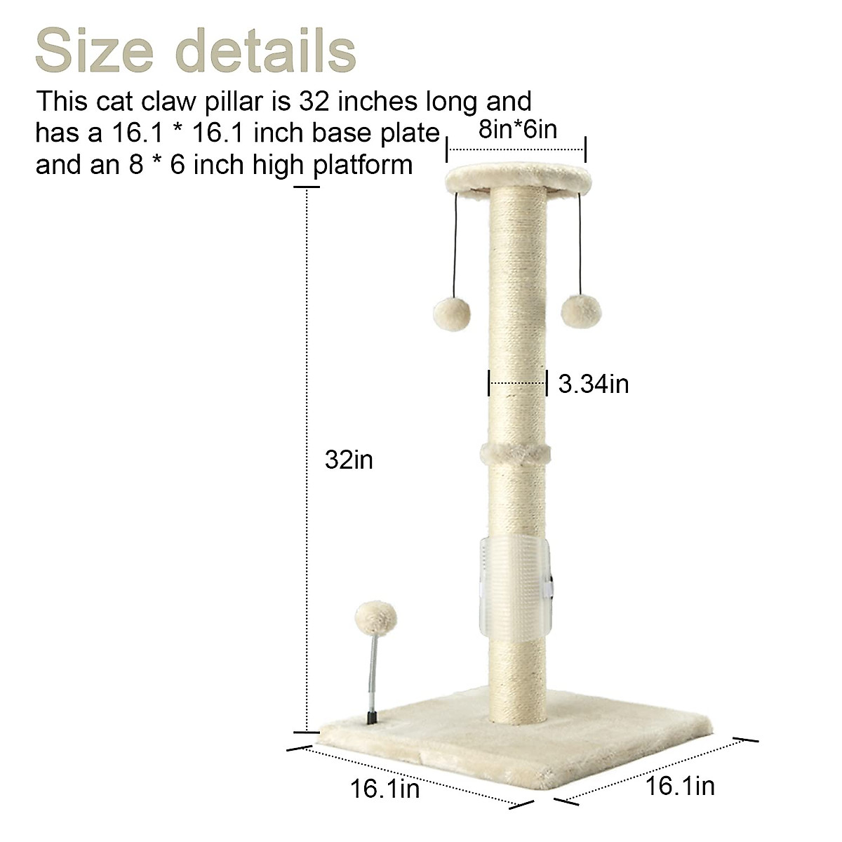PEEKAB 32" Tall Cat Scratching Post Sisal Rope Scratch Posts with Hanging Ball and Self-Massage Brush Vertical Scratcher for Indoor Cats and Kittens(Beige 32inches)