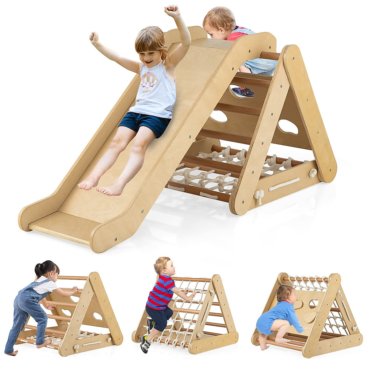 HONEY JOY 4-in-1 Triangle Climber with Ramp, 3-Side Kids Climbing Triangle Ladder with Net Rope & Bars, Wooden Montessori Climbing Toys for Toddlers Daycare, Gym & Playground, Gift for Boys Girls