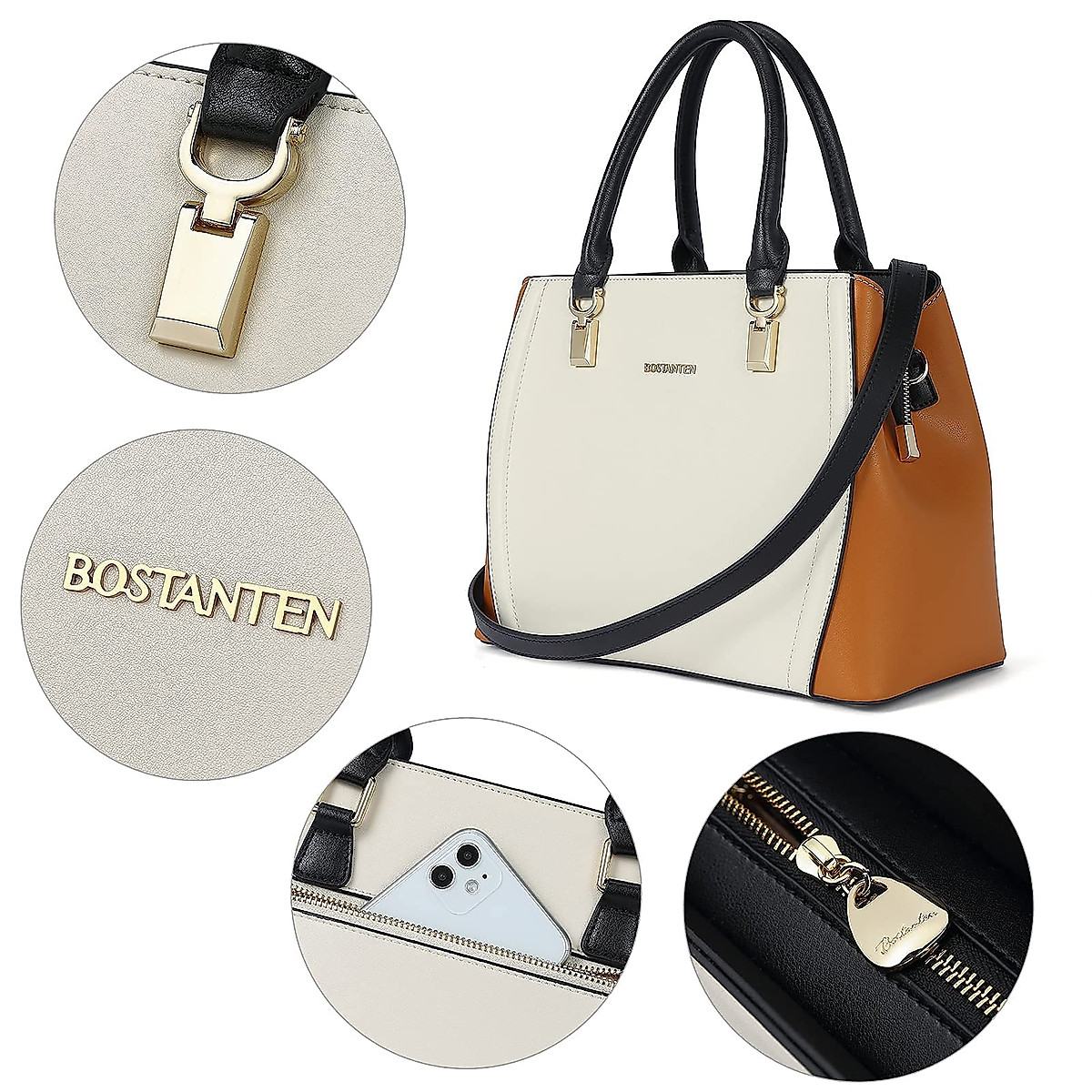 BOSTANTEN Women Leather Handbag Designer Top Handle Satchel Shoulder Bag Crossbody Purses and Womens Leather Wallets RFID Blocking Large Capacity Credit Cards Holder Phone Clutch Apricot