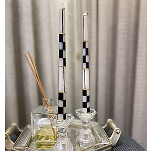 0 Handmade Decorative Hand Painted Taper Candles, 2 Pack | Checkered Black & White | for Dinner Table and Interior Decoration