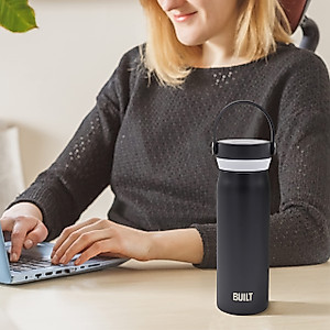 BUILT Cascade Double Wall Vacuum Insulated Stainless Steel Wide Mouth Water Bottle with Comfort Grip and Carry Handle Lid, 20 ounces