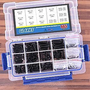 Glarks 665Pcs Alloy Steel Flat Head Machine Screws Bolts Nuts and Flat Gasket Spring Washers Assortment Set, Fully Threaded, Black Oxide Finish