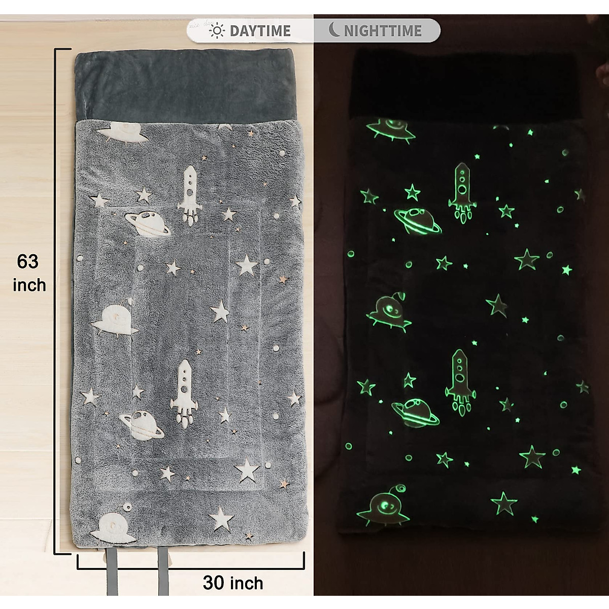 Grey Kids Sleeping Bags for Boys Girls Glow in The Dark Stars Space Slumber Bag Super Soft Nap Mat for Daycare Sleepovers | with Zipper Pillow Pocket and Carrying Bag