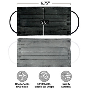 CBC Crown 3-Ply Disposable Protective Face Masks Earloop, Dust Filter Mouth Cover Black, Blue for Adult Men & Women (50 PC - Black & Gray)