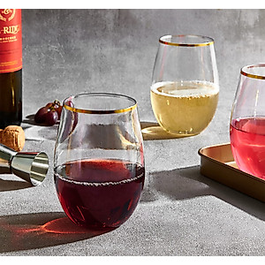 FOCUSLINE 20pcs 16 Oz Plastic Wine Glasses, Stemless Gold Rim, Heavy Duty Disposable Drinking Cups, Reusable Shatterproof for Party & Wedding