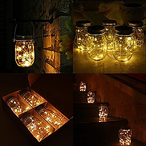 WERTIOO 4 Pack Solar Mason Jars Lights, 30 LEDs Hanging Solar Lanterns Garden Decor Outdoor Lights Warm White Table Decor Fairy Lights for Balcony Patio Porch Christmas Party