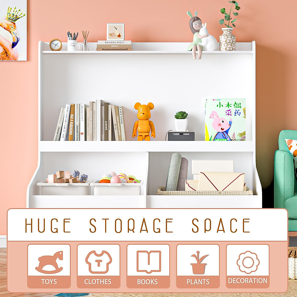 Azheruol Cubby Toy Storage Cabinet 3 Tier Wooden Children Bookcase,Toy and Book Storage Organizer Shelf for Playroom, Bedroom, Living Room, Nursery, School (White)