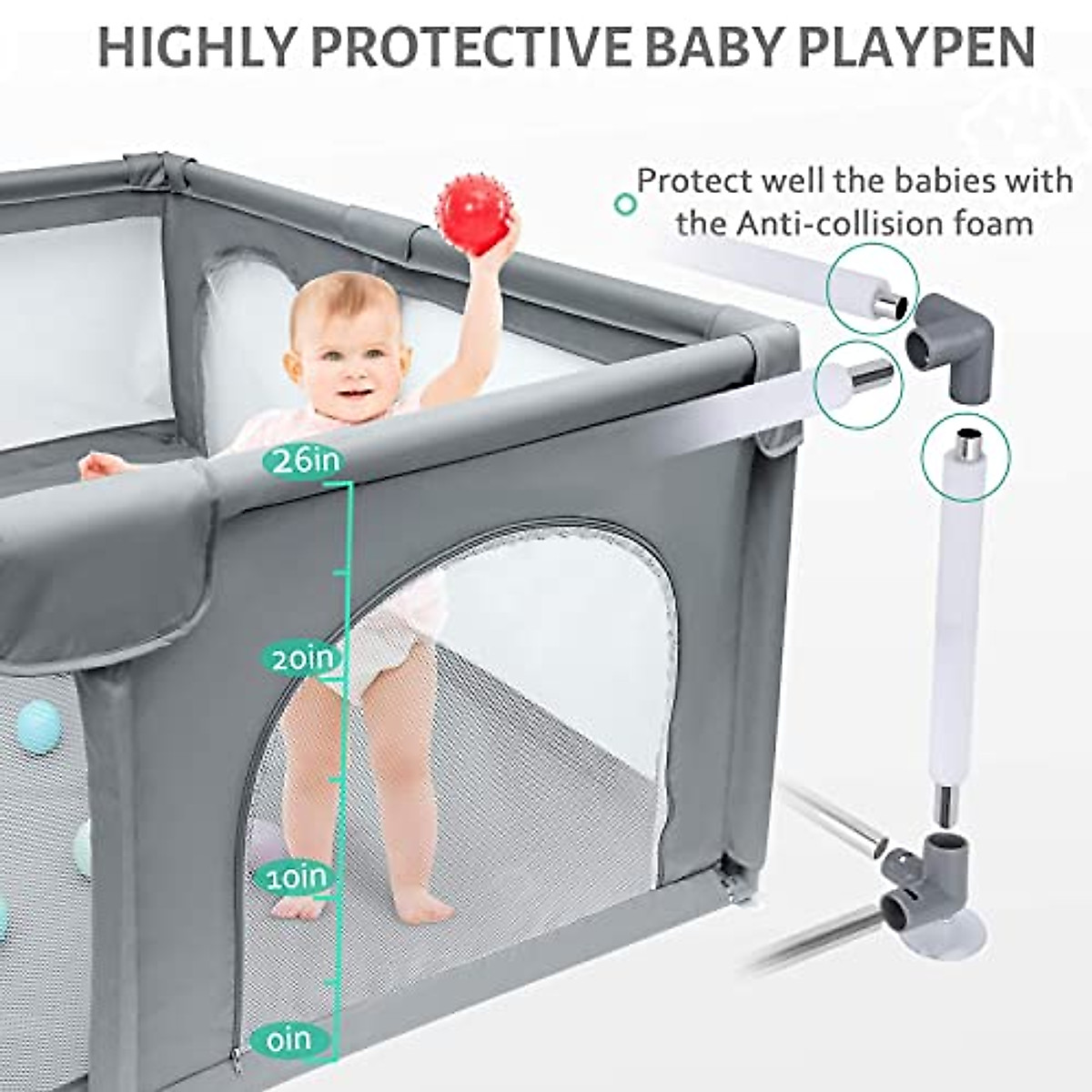 HyperEden Baby Playpen, Playpen for Babies and Toddlers, Extra Safe with Anti-Collision Foam Playpens for Babies, Indoor & Outdoor Playard for Kids Activity Center with Gate, Large Anti-Fall Playpen