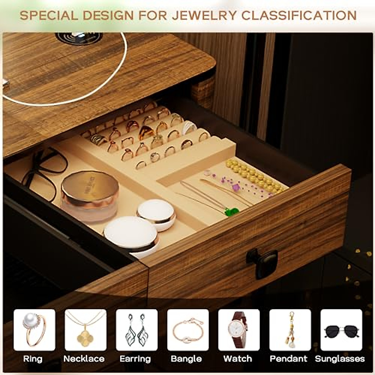 LVSOMT Vanity Desk with Mirror and Lights, Makeup Vanity Table Set with 3-Color Lights & Charging Station, 5 Drawers, Shelves, Dressing Table with Stool for Women Girls (Brown)