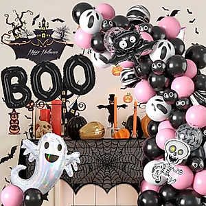 Halloween Balloon Garland Kit, GREMAG Halloween Decorations with Black Macaron Pink Agate Black Eyes Ghost Balloon, BOO Bat Skull Ghost Aluminum Film Balloon, 88 Pcs Set Halloween Party Favors for Kid