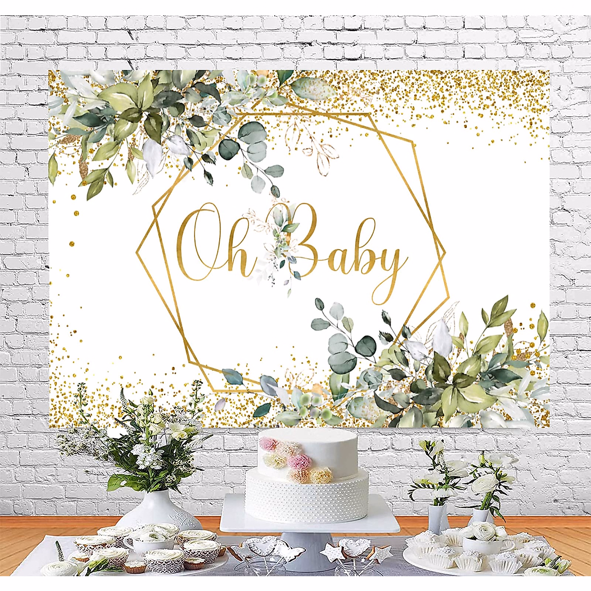 InMemory Greenery Oh Baby Baby Shower Backdrop Glitter Gold Eucalyptus Neutral Baby Shower Photography Background Green Leaves Boy Girl Newborn Oh Baby Gender Party Decoration Photo Booth Banner 5x3ft