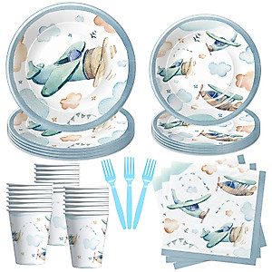 HIPVVILD Airplane Birthday Plates And Napkins Party Supplies - Airplane Party Decorations Tableware, Paper Plate, Cup, Napkin, Fork, Airplanes Birthday Baby Shower Decorations Dinnerware | Serve 24