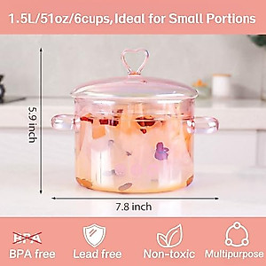 1.5L/51oz/6cups, Pink Glass Pots for Cooking on Stove Glass Pot with Lid Glass Pots for Cooking Glass Cooking Pot Heat Resistant Glass Saucepan Simmering Cooking Pasta Vegetable Soup Salad
