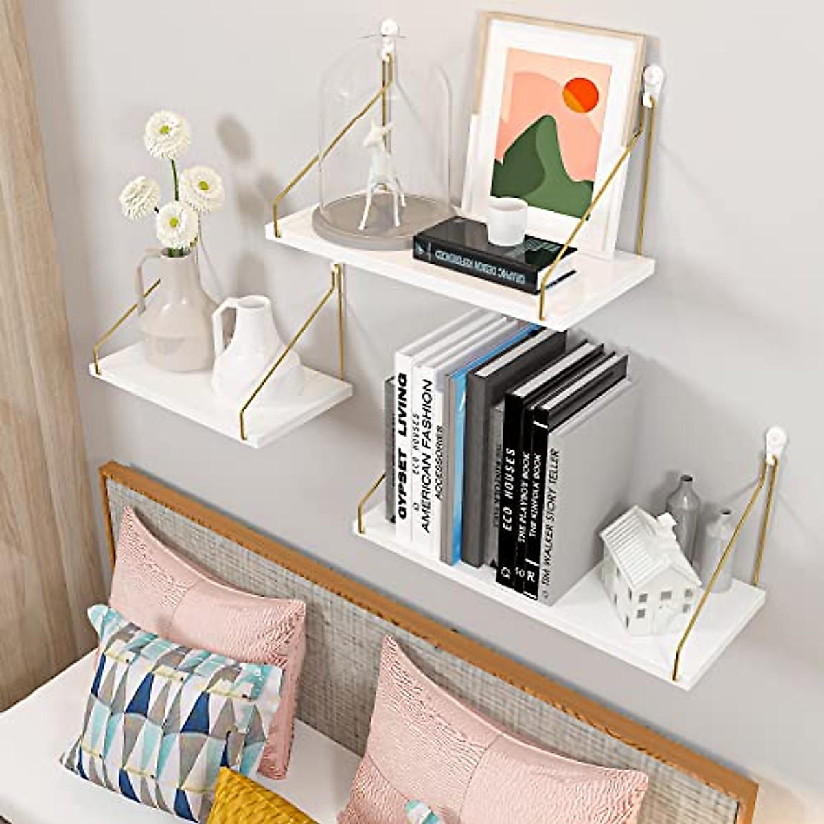 aopow White Floating Shelves for Wall - Set of 3 Hanging Wood Shelf & Wall Mounted Long Wide Deep Rustic Wooden Shelves with Gold Metal Brackets Modern for Bedroom Bathroom Living Room