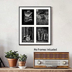 NIIO Western Cowboy Wall Art, Highland Cow Print, Boots Straw Hat and Longhorn Decor Vintage Farmhouse Canvas for Men's Bedroom, Set of 4(8inx10in, Unframed)