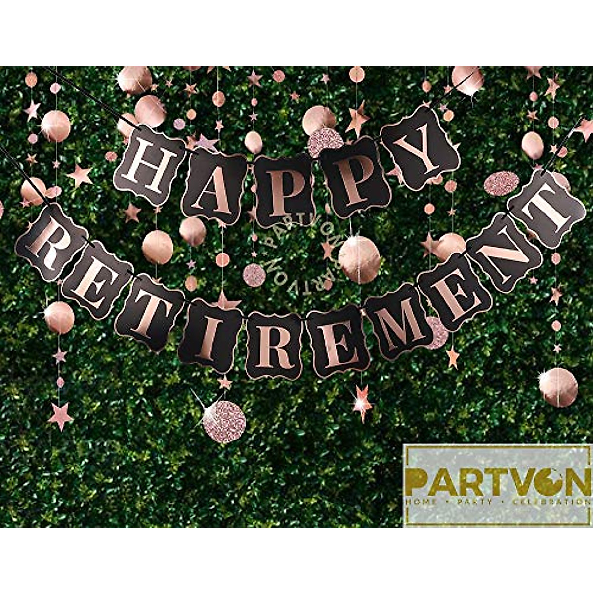 Rose Gold Happy Retirement Banner | Glitter Rose Gold Circle Dot Garland Twinkle Star Paper Hanging Bunting Banner Backdrop for Retirement Decorations | Luxurious Retirement Party Supplies for Women