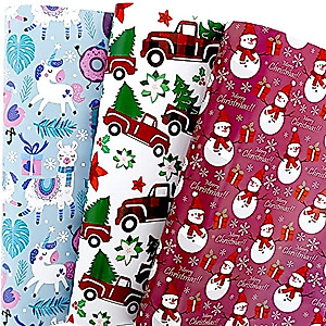 U'COVER Christmas Gift Wrapping Paper Large Sheet for Kids Boys Girls Baby Women Men Xmas Wrapping Paper 3Style Christmas Sloth Llama Santa Snowman Tree Truck Car Gift Wrap Paper (27*39.4inch 22sq.ft.)