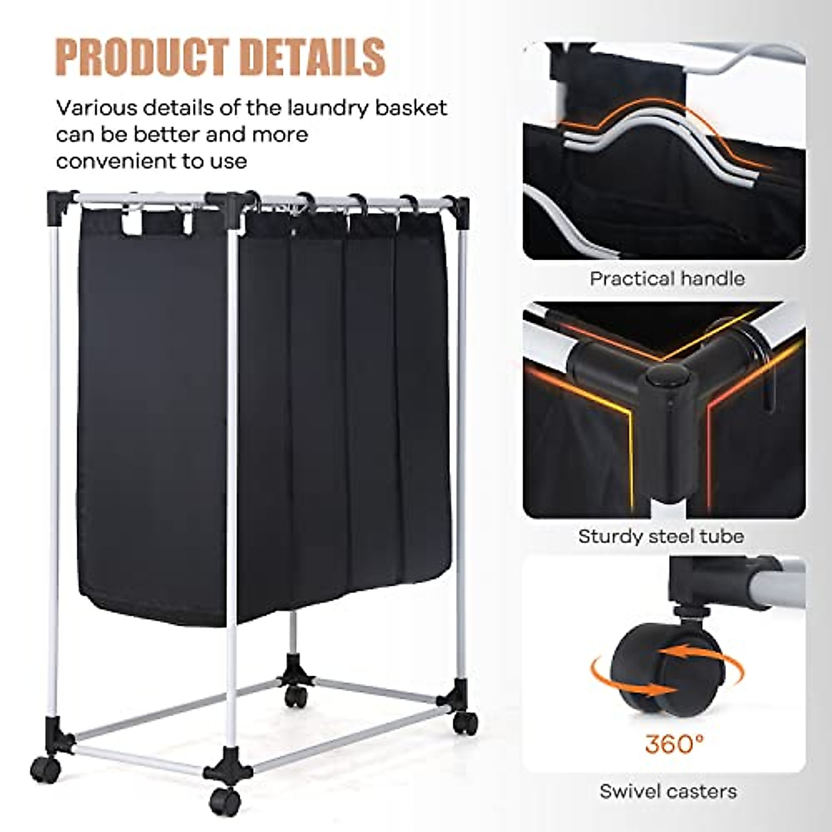 Laundry Sorter,Rolling Laundry Hamper 4-Bag Laundry Sorter Cart with Wheels 4 Removable Bags for Clothes Storage Lightweight Black