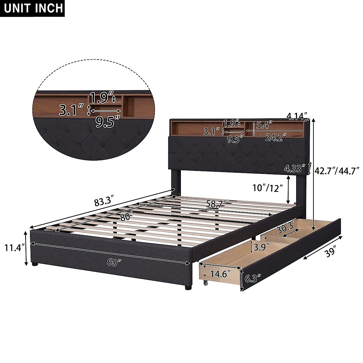 ccko Queen Size Bed Frame with Storage Headboard, USB Charging Station and 2 Drawers, No Box Spring Needed Upholstered Platform Bed Frame with LED Light Strip, Dark Gray(Not Include Mattress)