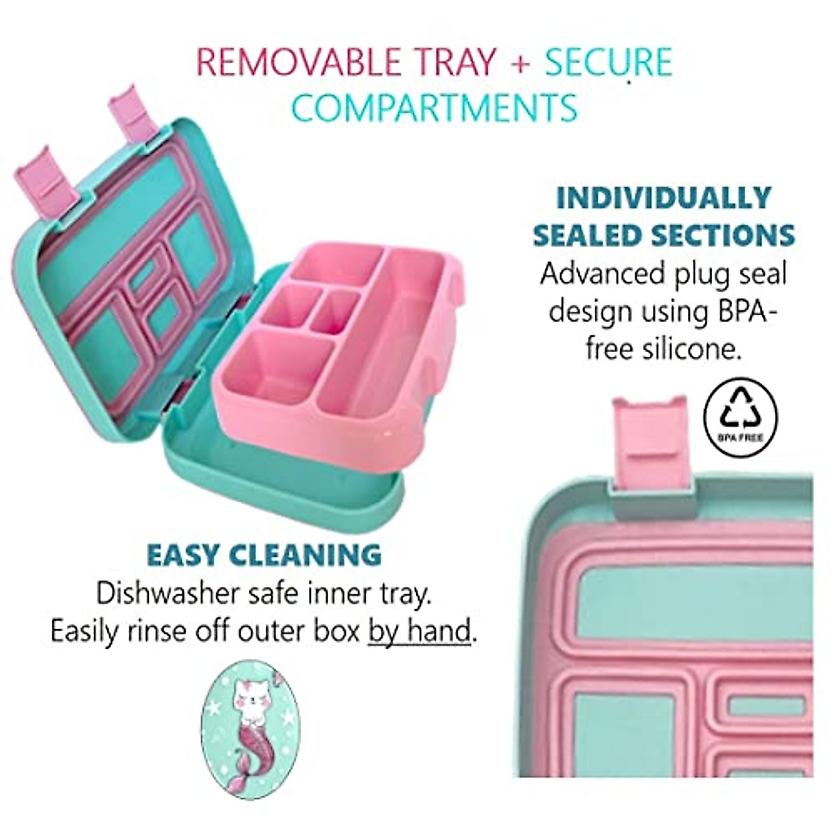Bento Box with Stainless Steel Food Thermos for Hot Food or Soup, Insulated Lunch Bag, and Ice Pack Set for Kids Girl Toddlers. Ages 3 to 7 Pink Aqua Cat Mermaid