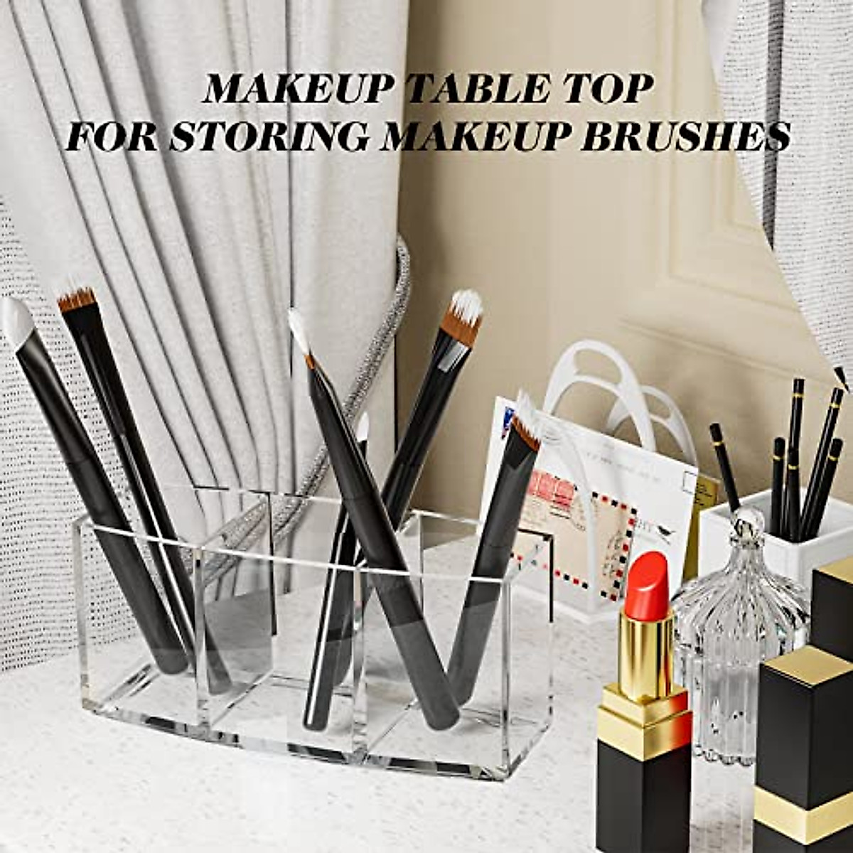 Rolybag Acrylic Makeup Brush Holder Organizer 3 Slots Cosmetic Brushes Storage Clear Pen Holder Eyeliners Eyebrow Pencil Display Case for Desk and Bathroom Vanity Storage Solution