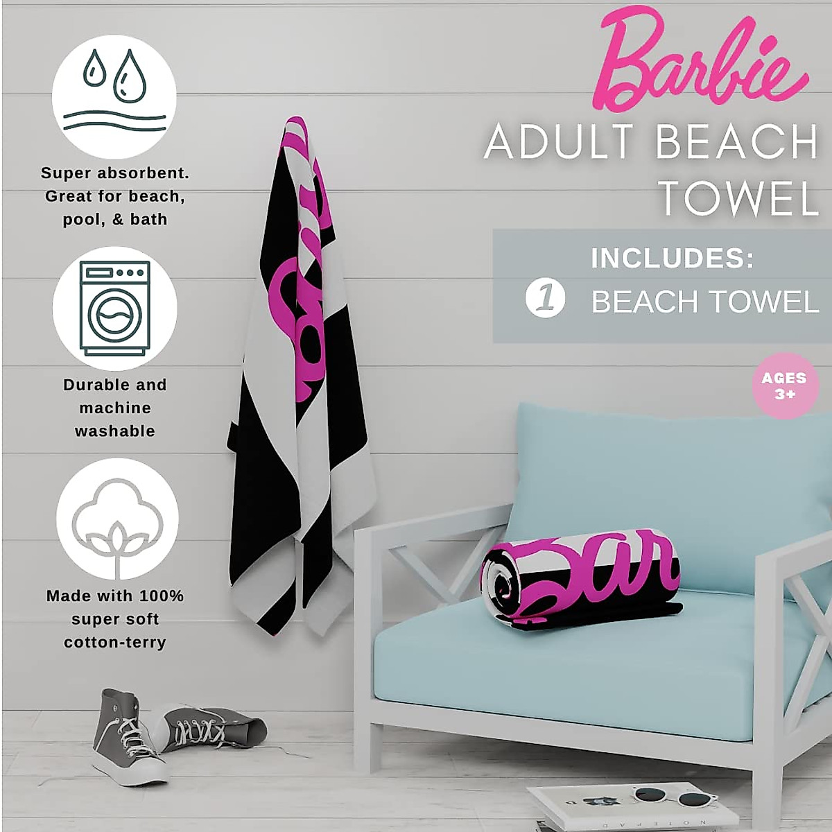 Franco Barbie Barbiecore Black & White Striped Soft Cotton Bath/Pool/Beach Towel, 60 in x 30 in, (Official Licensed Barbie Product)