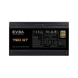 EVGA 750 GT, 80 Plus Gold 750W, Fully Modular, Auto Eco Mode with FDB Fan, 100% Japanese Capacitors, 7 Year Warranty, Includes Power ON Self Tester, Compact 150mm Size, Power Supply 220-GT-0750-Y1