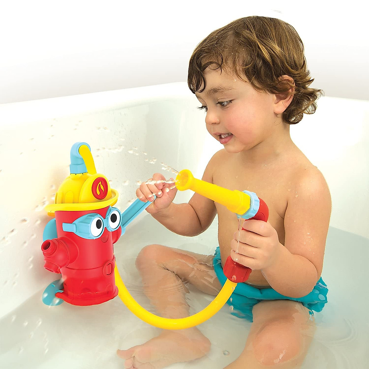 Yookidoo Baby Bath Toddler Toys (Ages 3+) - Ready Freddy Spray ‘N’ Sprinkle Fire Hydrant Bathtime Toy - Includes Hose, Spray Nozzle, Wheel, & Water Gauge - Attach to Any Bath Tub or Shower - Mold Free