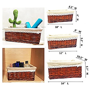 Handmade Wicker Storage Baskets Set, Shelf Baskets Woven Decorative Storage Bins Baskets Organizing Baskets, Nesting Baskets with Linings for Home (Brown)