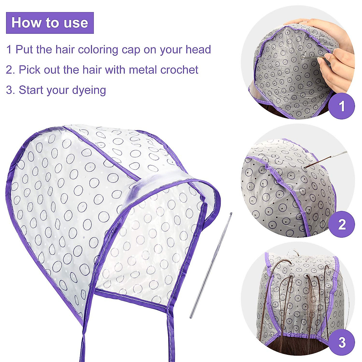 20 Pieces Hair Highlight Cap Kit Disposable Highlight Tipping Cap Salon Hair Coloring Dyeing Hair Cap with 2 Pieces Metal Hooks for Salon and Home Use Hair Highlighting Coloring Supplies (Purple)