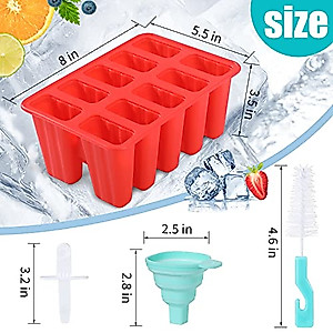 Popsicle Molds,Silicone Ice Pop Molds,BPA Free Popsicle Mold Reusable Easy Release Ice Pop Maker,Homemade Popsicle Mould with Silicone Funnel and Cleaning Brush(Red, 10 Cavities)
