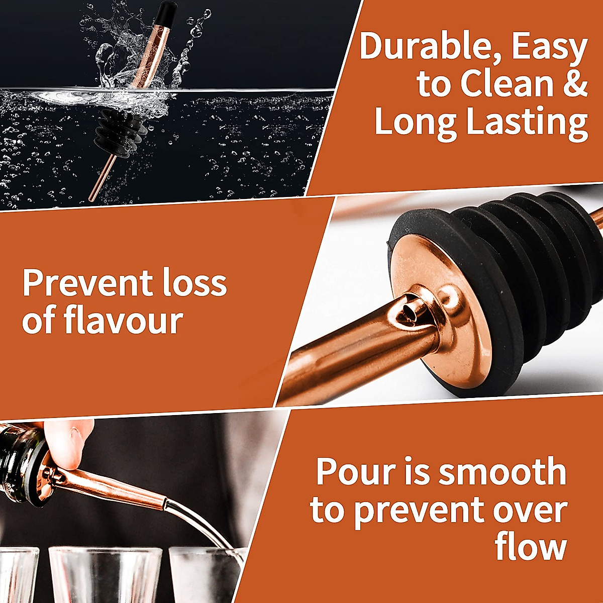 Liquor Bottle Pourers - Stainless Steel Classic Bottle Pourers with clean bursh, Rustproof Metal Alcohol Pouring Tubes For Bars, Clubs, Restaurants & Home Use (Copper) (24 pack)