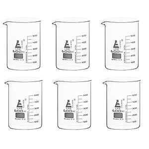 EISCO 6PK Beakers, 600mL - Low Form with Spout - White, 50mL Graduations - Borosilicate 3.3 Glass