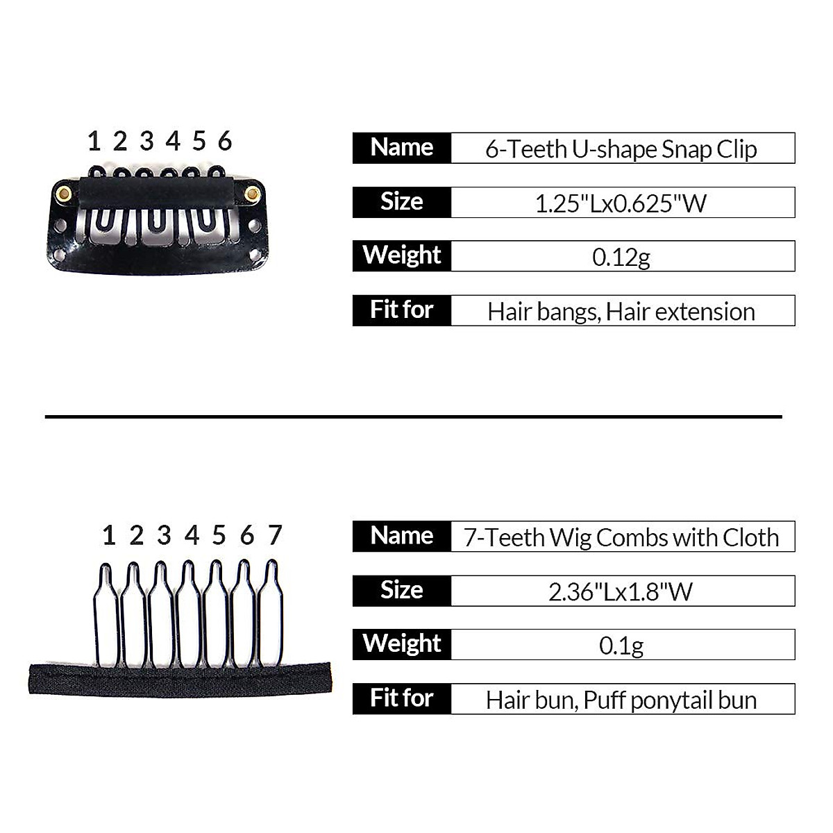 70 Pcs Wig Accessories Set 60Pcs Hair Extensions Wig Clips 7-Teeth Wig Combs with Cloth 6-Teeth U-Shape Metal Snap Clips 5 Curved Needles 5 T-Pins