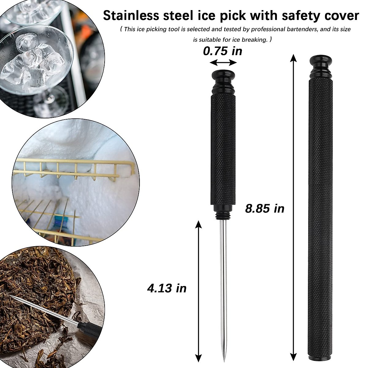 Stainless Steel Ice Picks Crushed Ice Tool With Safety Cover Bar Tools Ice Crushers Chisel Ice Cube Awl Sharp Cone With Non-Slip Handle (Black)