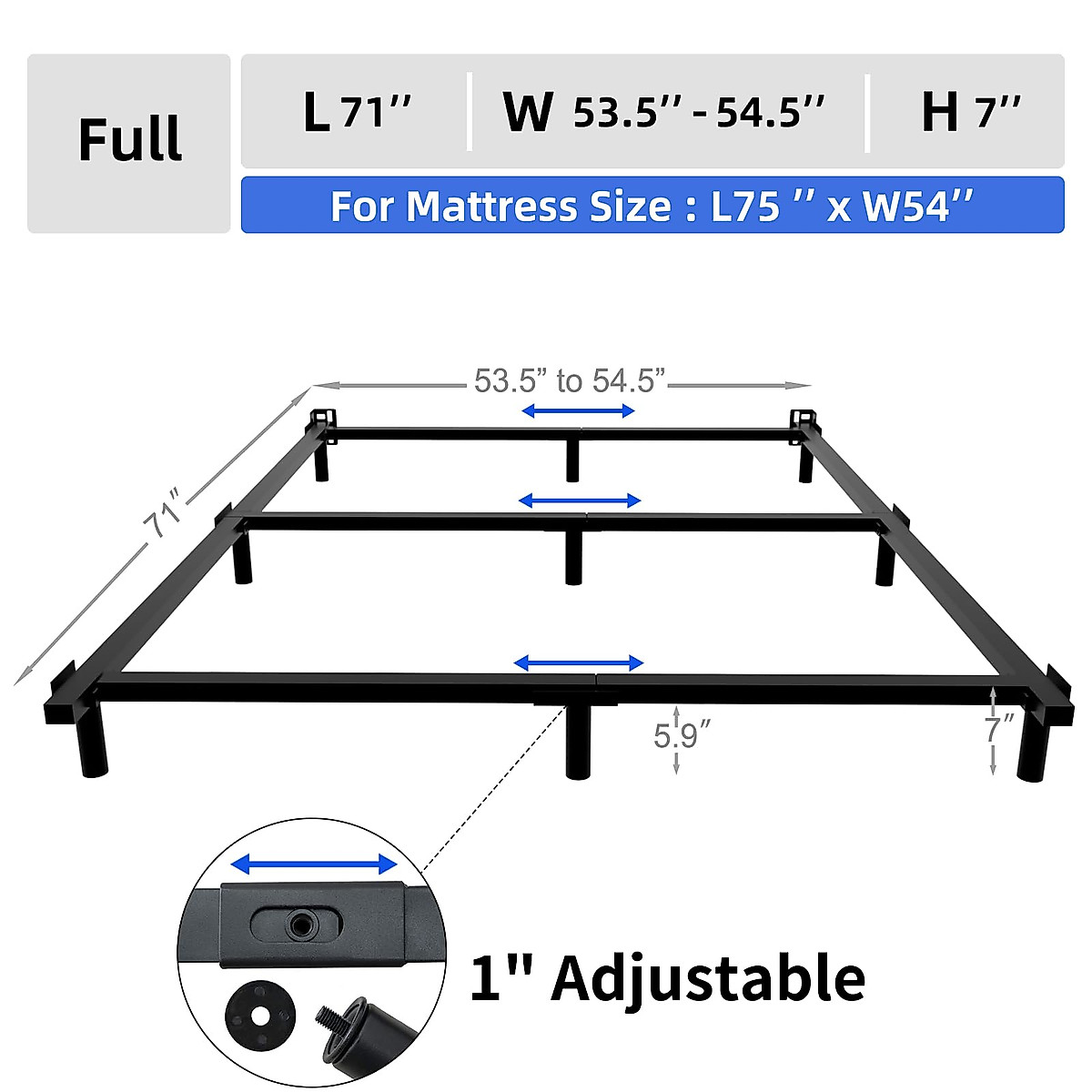 7 Inch Full Size Metal Bed Frame for Box Spring and Mattress, 9-Leg Support Box Spring Base, Easy Assembly Tool-Free Heavy Duty Bedframe Black