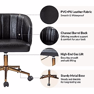 HULALA HOME Modern Faux Leather Office Chair with Gold Metal Base, Home Desk Chair with Channel Barrel Back, Height-Adjustable Swivel Computer Task Chair for Study Bedroom Living Room, Black