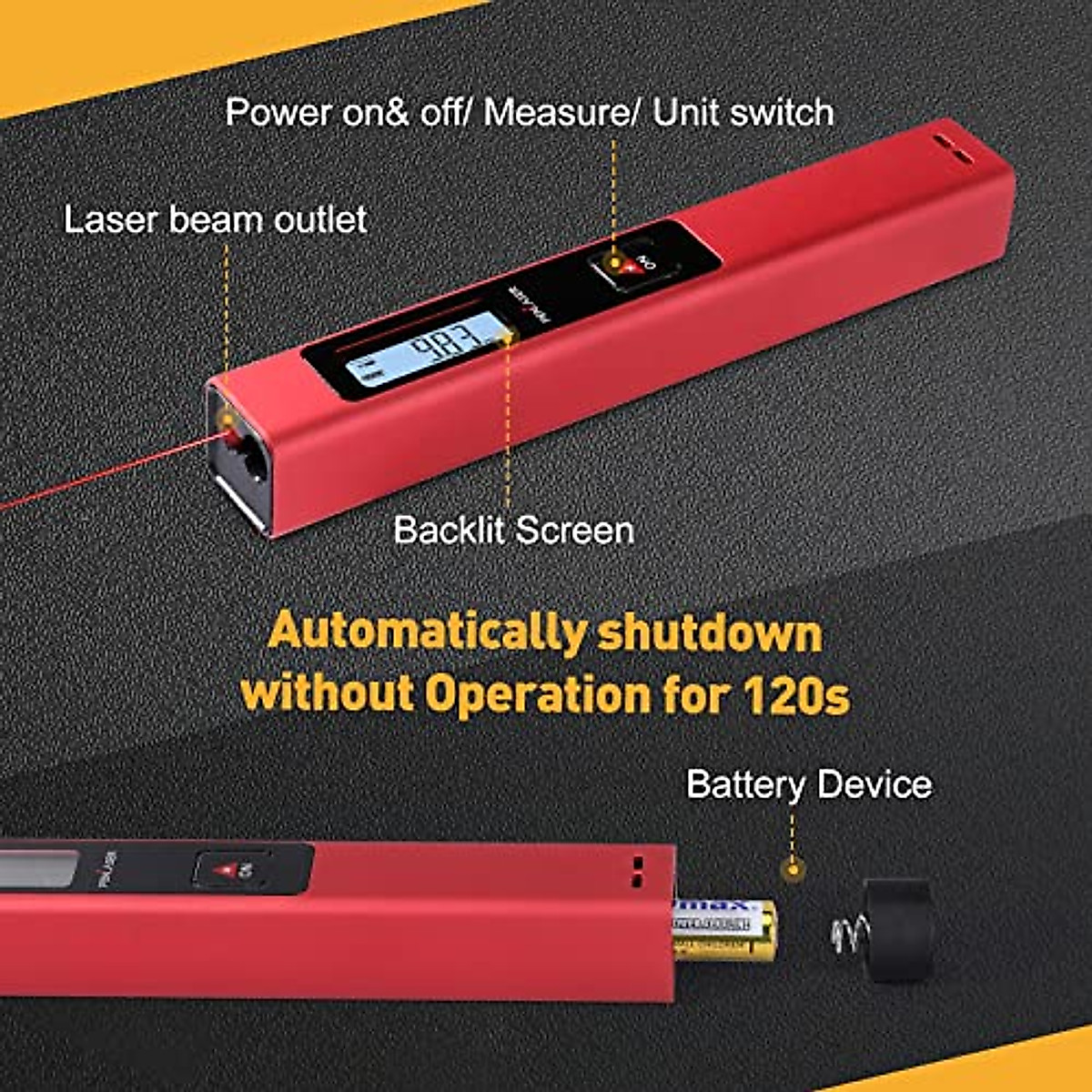 PREXISO 65Ft Digital Laser Measure, Pocket Mini Laser Measurement Tool, Ft/Ft+in/in/M Unit, Red Laser Distance Meter Pen Backlit Display for Home, Construction, Industries with AAA Batteries (Red)