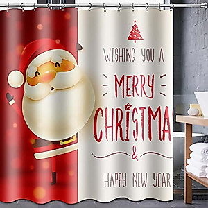 Christmas Shower Curtain Set 4PC with Christmas Shower Curtain with Toilet Lid Cover and Bath Mat, Santa Claus with Big Signboard Christmas Bathroom Set Winter Holiday Home Decor