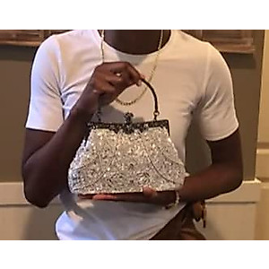 AIJUN Women's Vintage Beaded Evening Bag Sequin Clutch Purses for Women Wedding Clutches Prom Cocktail Party Handbags(Silver)