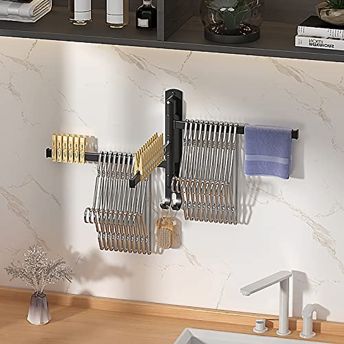 3/4/5 Arm Swivel Towel Rack, 4 in 1 Swivel Towel Bar, Swing Out Towel Hanger with Hook, Stainless Steel Wall Mounted Towel Holder Hand Towel Holder for Bathroom, Kitchen(White-5 Arm)