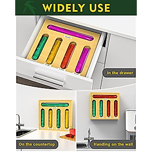 VenDotbi Bamboo Ziplock Bag Organizer for Drawer, Storage Bag Organizer, Plastic Bag Organizer 5 Slot Baggie Organizer for Kitchen Compatible with Gallon, Quart, Sandwich & Snack Variety Bags-Natural