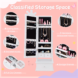 Costzon Kids Jewelry Armoire Cabinet, 45” Standing Jewelry Organizer with Full-Length Mirror, 3 Storage Drawers, Kids Vanity Dress Up Mirror Jewelry Cabinet for Girls (White)