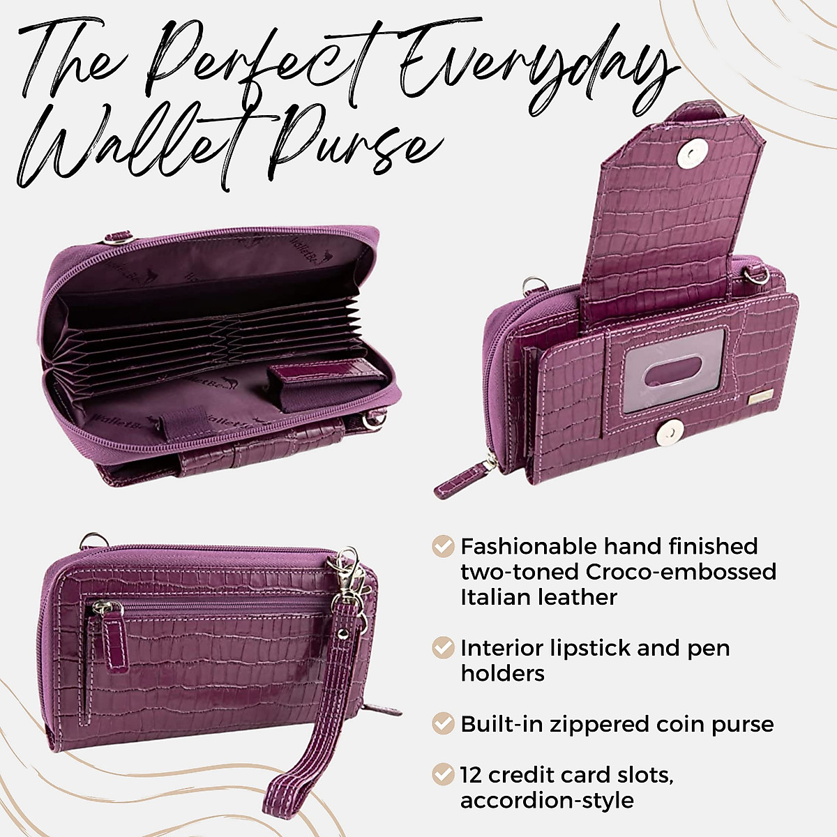 WalletBe Women's Wallet RFID Cell Phone Purse Leather Crossbody with Accordion Croco Purple