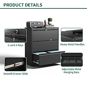 Yukimo Lateral File Cabinet with Lock, Metal File Cabinets for Home Office Legal/Letter A4 Size, File Cabinet with 3 Drawer Storage Cabinet, Black