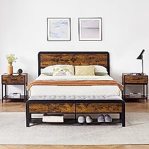 GAOMON Queen Bed Frame with Headboard and 2 Drawers, Metal Platform Bed Frame Queen Size with Storage Drawer, No Box Spring Needed, Noise Free, Rustic Brown