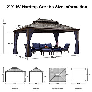 PURPLE LEAF 12' X 16' Permanent Hardtop Gazebo for Patio with Netting and Curtains Deck Backyard Heavy Duty Sunshade Metal Roof All Weather Outdoor Pavilion Canopy