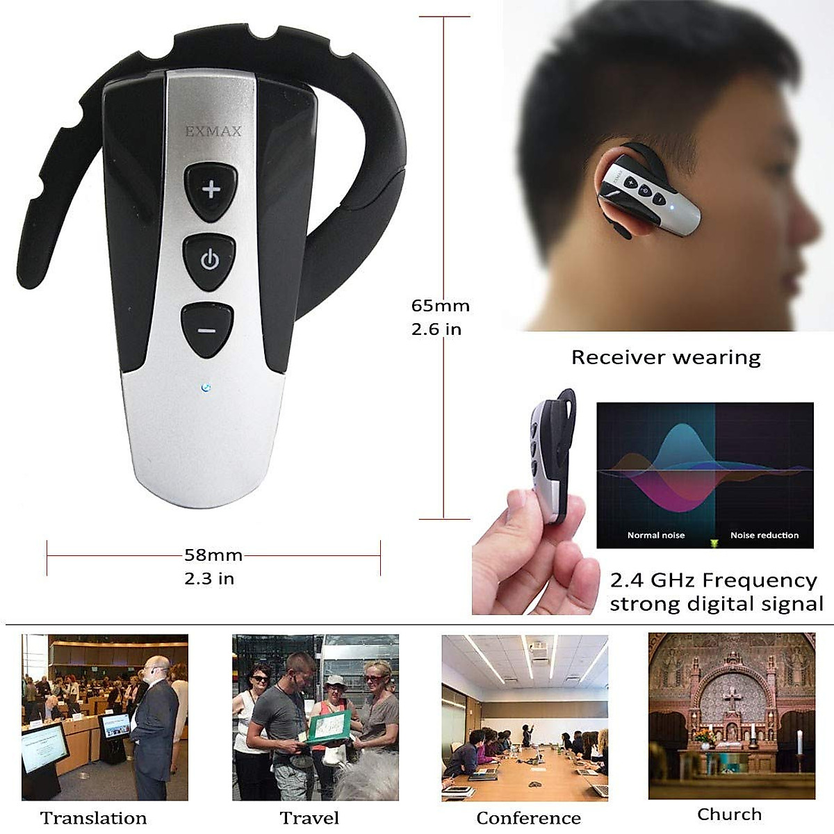 EXMAX EXD-6824 2.4G Wireless Voice Audio Tour Guide System Interpreter Translation Equipment for Churches Business Convention Tour Guide Teaching Training Private Talking (1 Transmitter 3 Receivers)