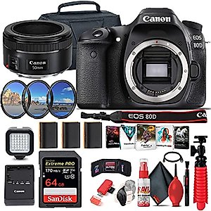 Canon EOS 80D DSLR Camera (Body Only) (1263C004) + Canon EF 50mm Lens + 64GB Memory Card + Case + Filter Kit + Corel Photo Software + 2 x LPE6 Battery + Card Reader + More (Renewed)